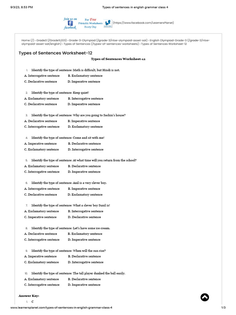 Class 4 Types of Sentences Worksheet | PDF | Sentence (Linguistics) | Semantics