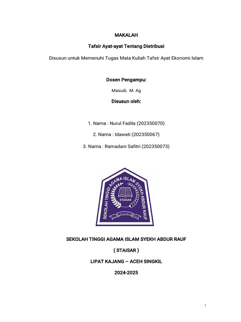 Tafsir Ayat Tentang Distribusi (Nurul, Ida, Ramadani) | PDF