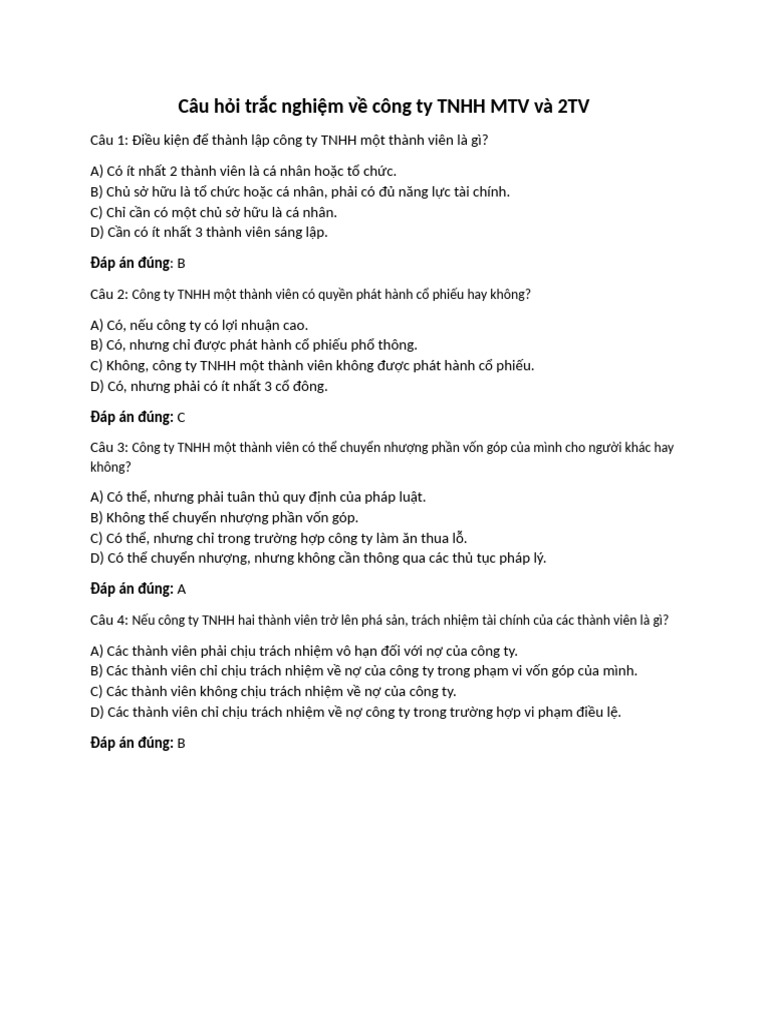 Câu hỏi trắc nghiệm về công ty TNHH MTV và 2TV | PDF