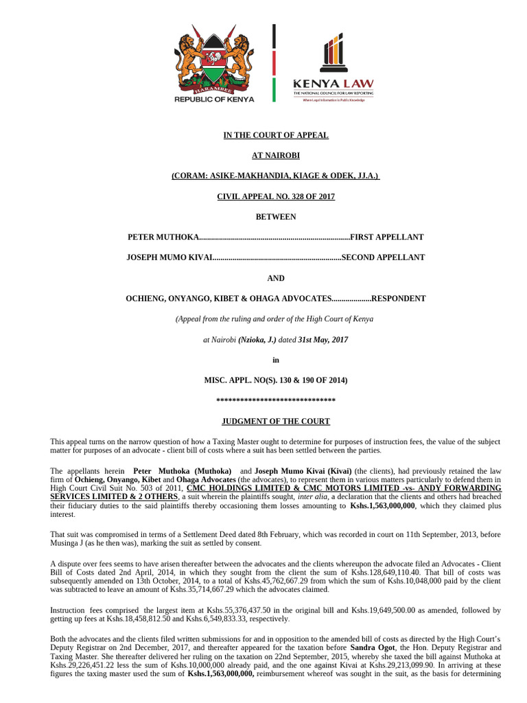 Peter Muthoka Another V Ochieng 3 Others 2019KECA597 (KLR) | PDF | Lawsuit | Judgment (Law)