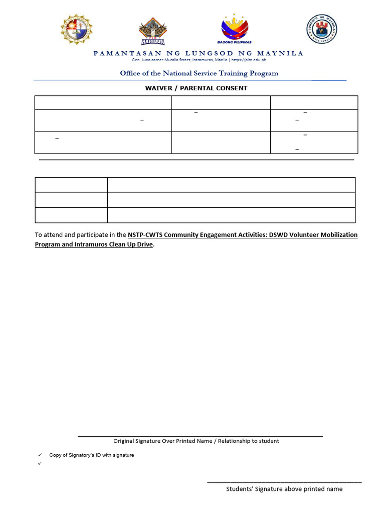 NSTP-CWTS Parental Consent Form | PDF | Private Law