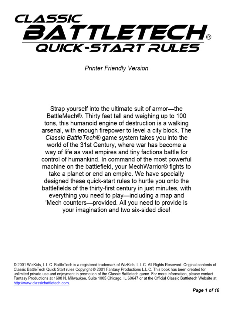 Printerfriendly Classic Battletech Quickstart | PDF | Battle Tech