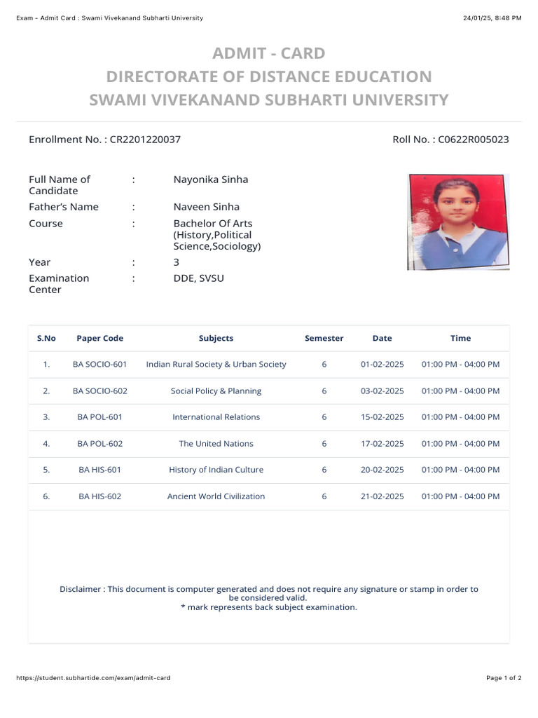 Exam - Admit Card: Swami Vivekanand Subharti University | PDF