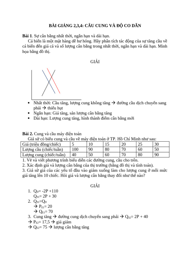 Bài Giảng 2,3,4: Câu Cung Và Độ Co Dãn Bài 1: D S1 S1 D E1 E1 S2 E2 E2 ...