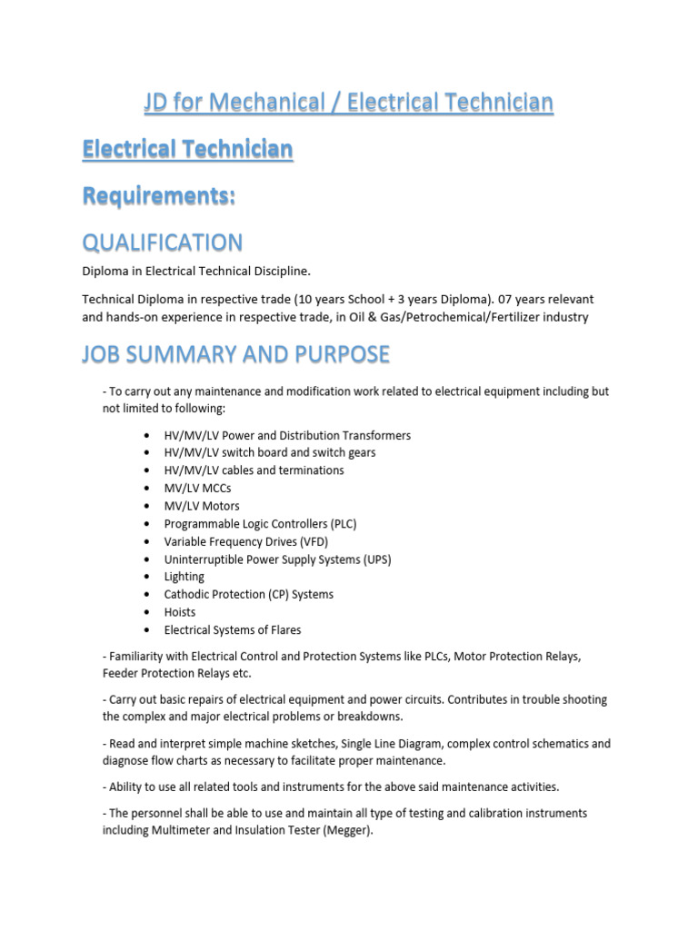 Mechanical & Electrical Technician JD | PDF | Pump | Programmable Logic ...