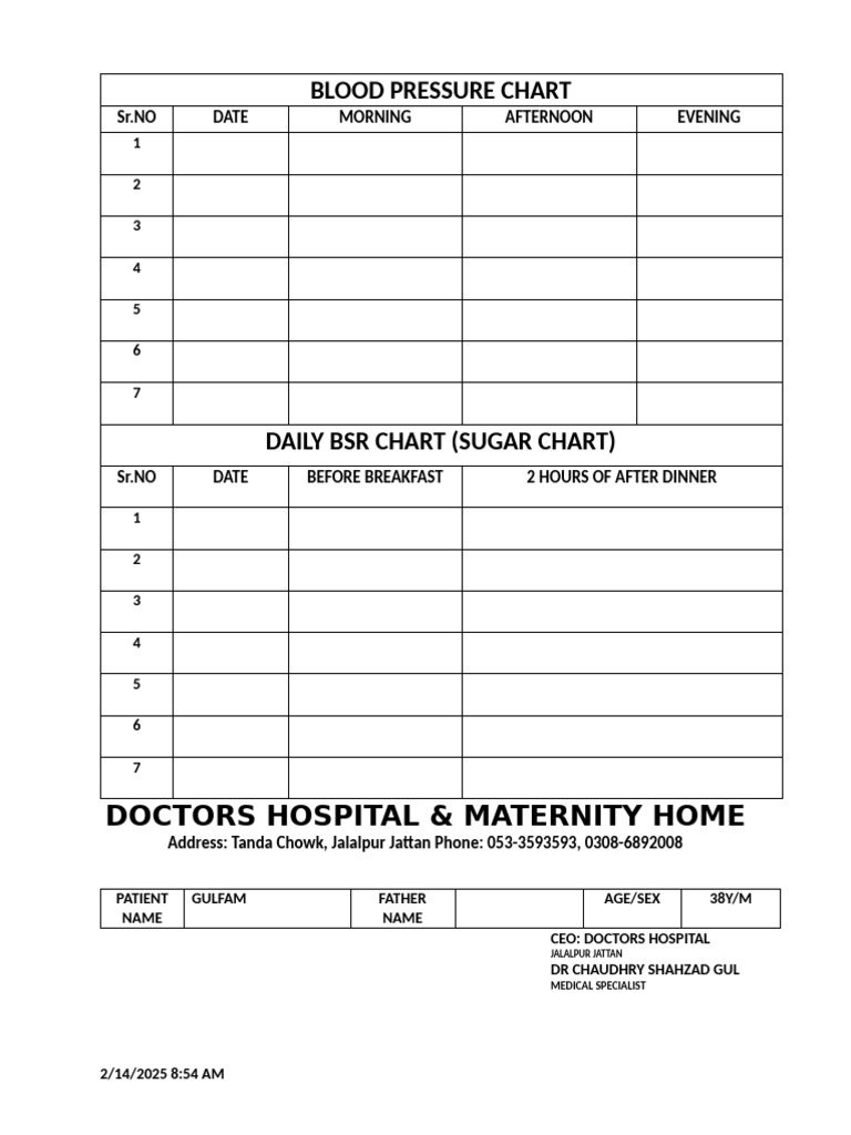 Daily Blood Sugar Monitoring Chart | PDF