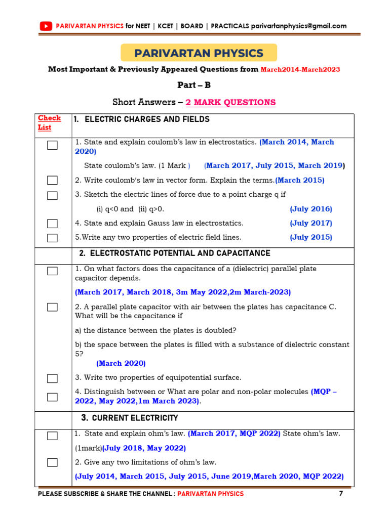 Check List of Physics Important Questions 2m 3m 5m | PDF | Electron | Atoms