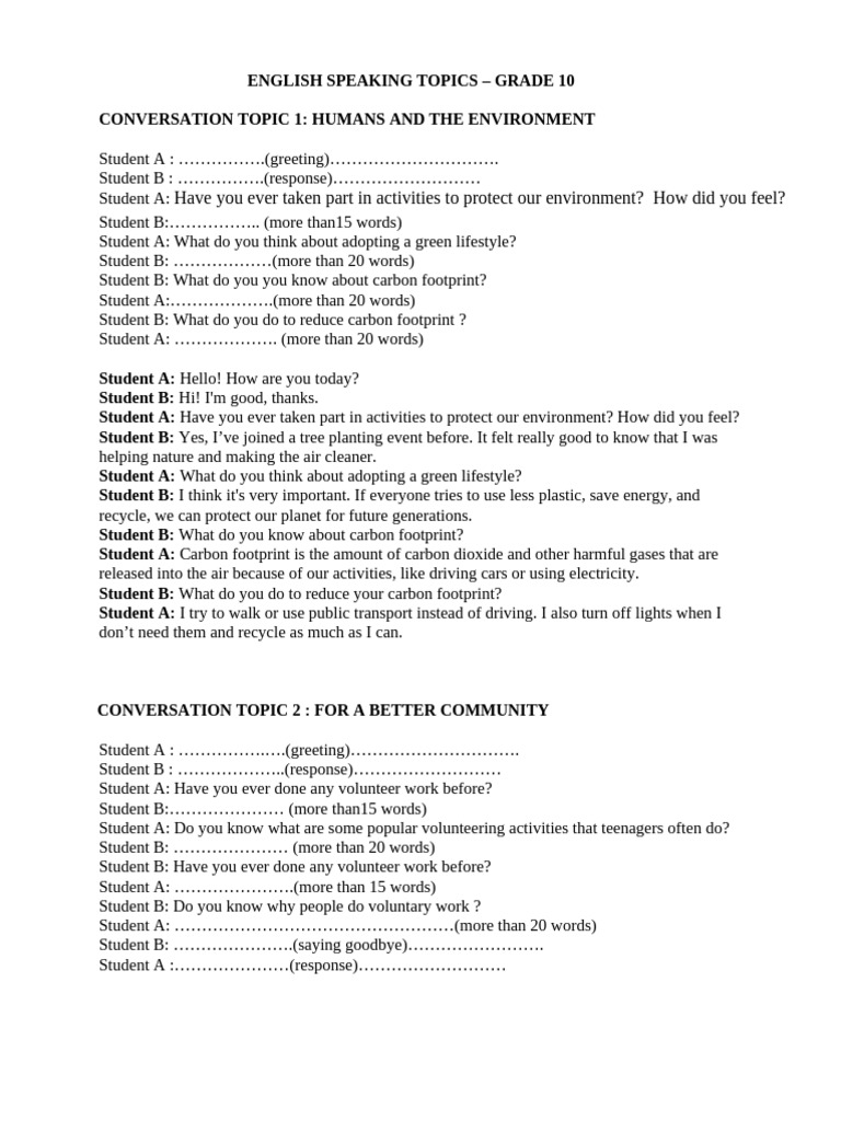 Grade 10 - Speaking Topics 1 | PDF | Volunteering | Economy And The ...