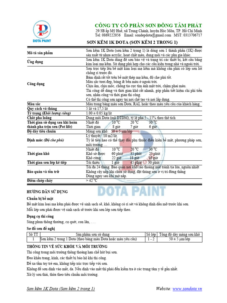 Sơn kẽm 1K Dota Sơn kẽm 2 trong 1 TLKT | PDF