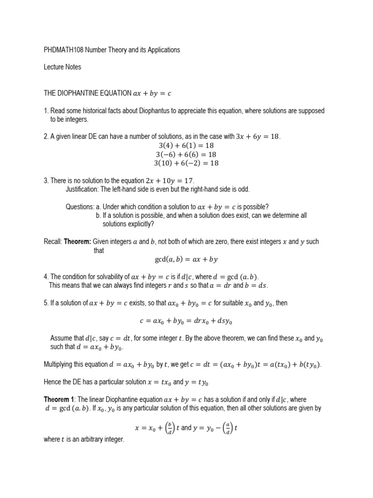 October 26 Notes Diophantine Equations Pdf Equations Mathematical Objects