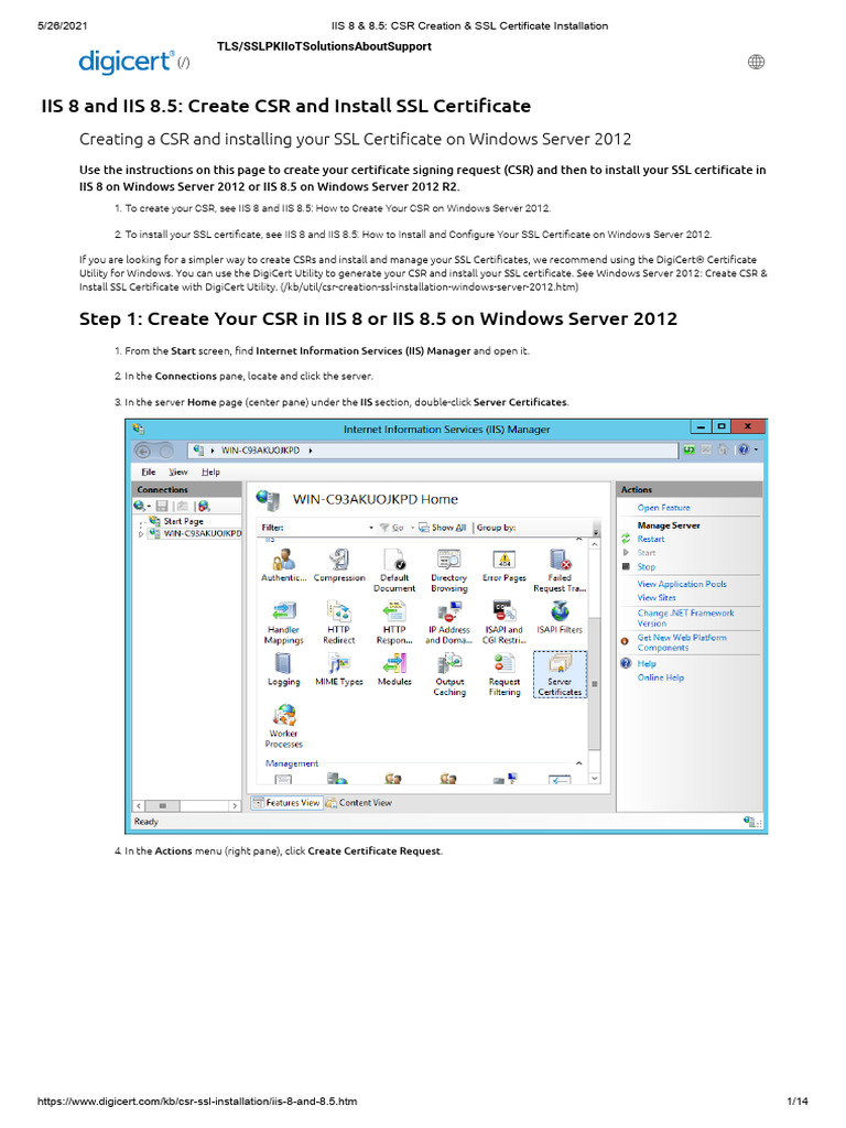 IIS 8 & 8 5 CSR Creation & SSL Certificate Installation | PDF | Transport Layer Security ...