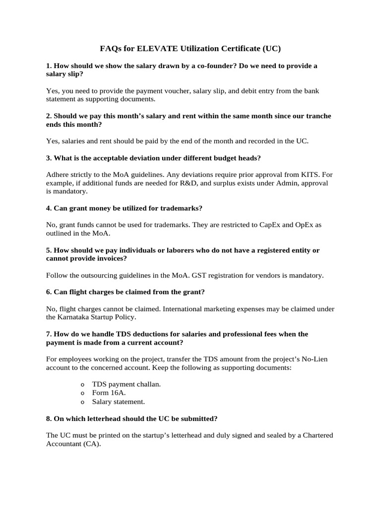 FAQs For ELEVATE Utilization Certificate - v2 | PDF | Expense | Budget