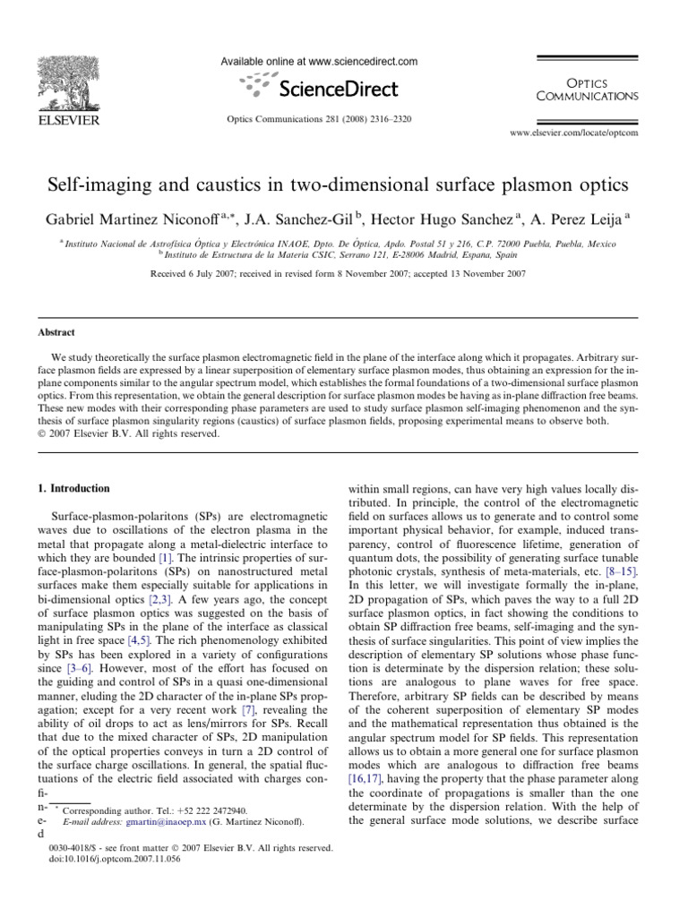 19 - Self-Imaging and Caustic in Two Dimensional Plasmon Optics | PDF ...