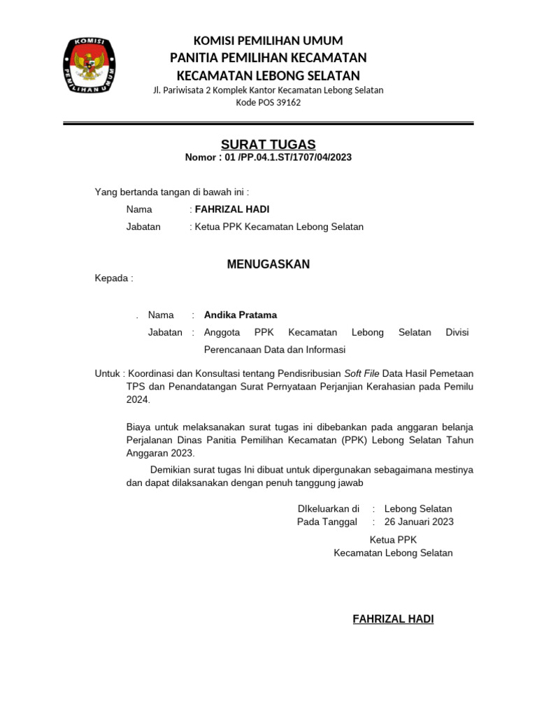 surat_tugas_ppk (Panitia Pemilihan Kecamatan) | PDF