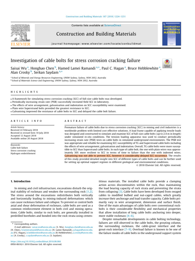 Investigation of Cable Bolts For Stress Corrosion Cracking Failure ...