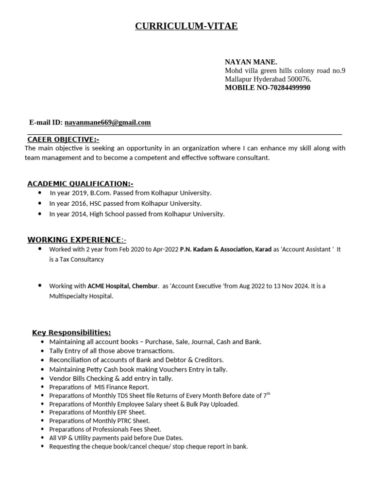 Accounting & Finance CV - Nayan Mane | PDF | Payments | Cheque
