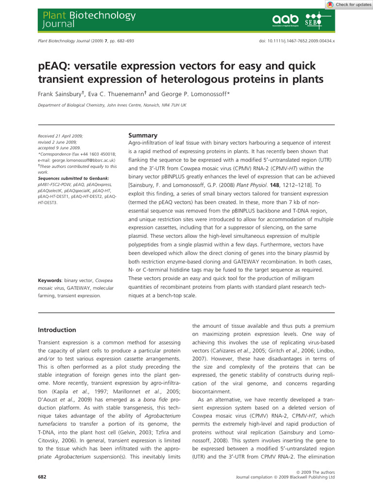 pEAQ Vectors for Plant Protein Expression | PDF | Vector (Molecular ...
