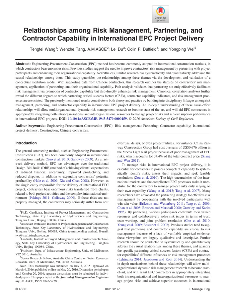 Du Et Al 2016 Relationships Among Risk Management Partnering and ...