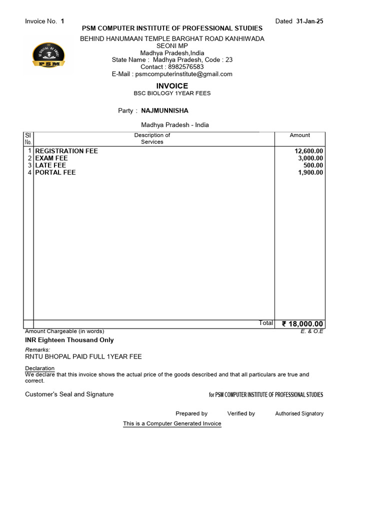 BSC Biology Course Invoice - PSM Institute | PDF