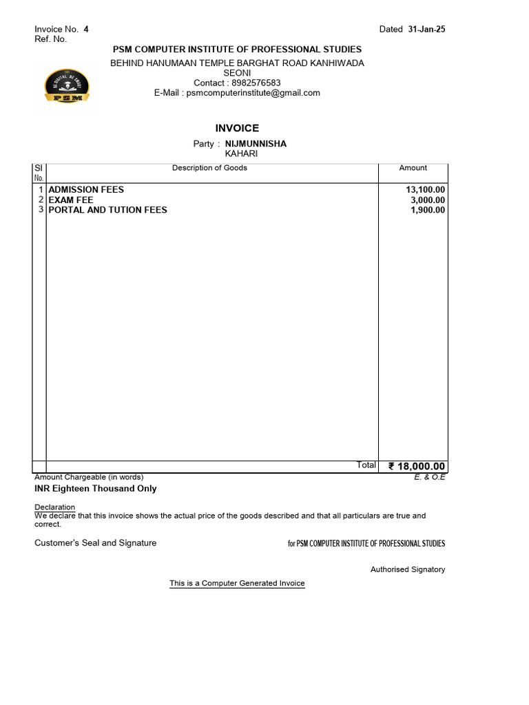 Invoice: 4 31-Jan-25 PSM Computer Institute of Professional Studies | PDF