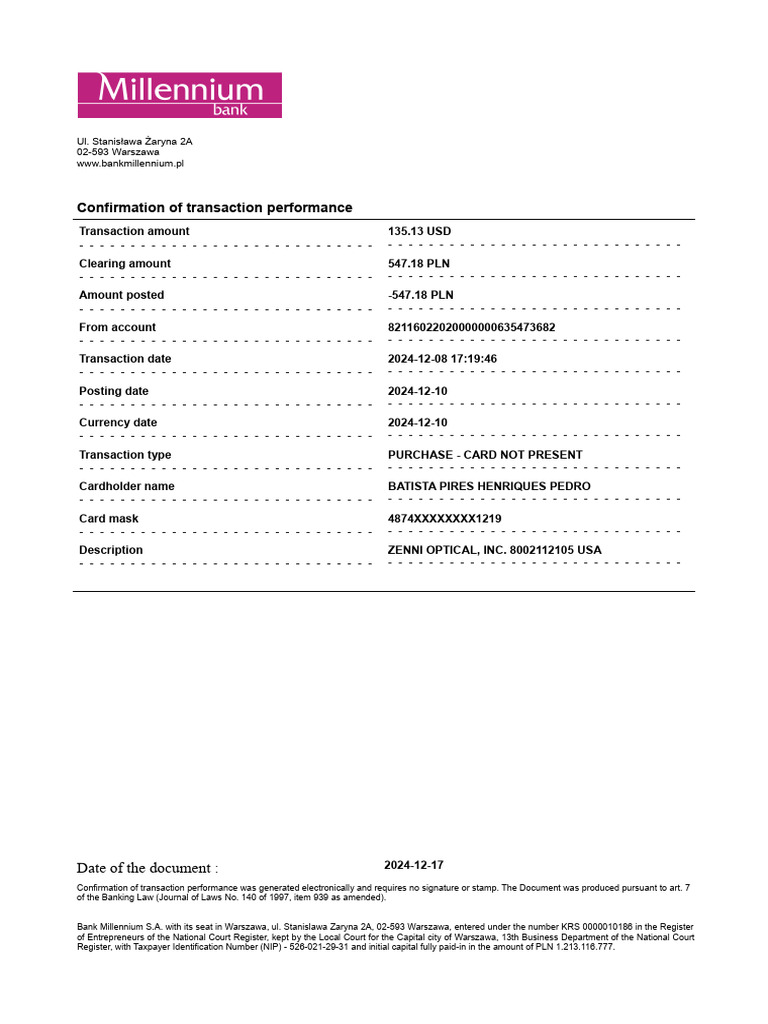 Transaction Confirmation - Bank Millennium | PDF | Payments | Banking