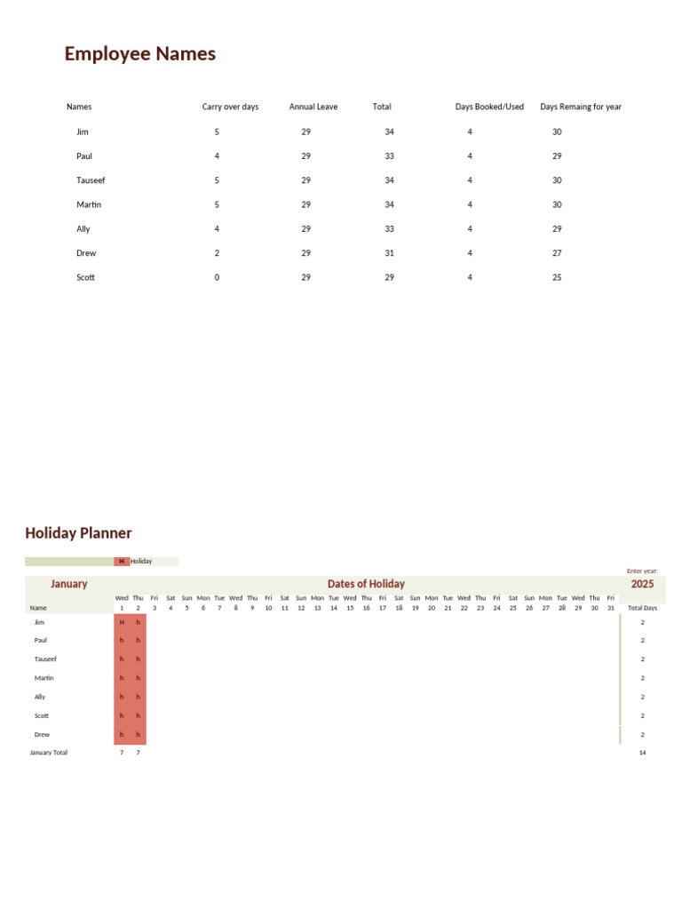 2025 Staff Holiday Planner Template | PDF
