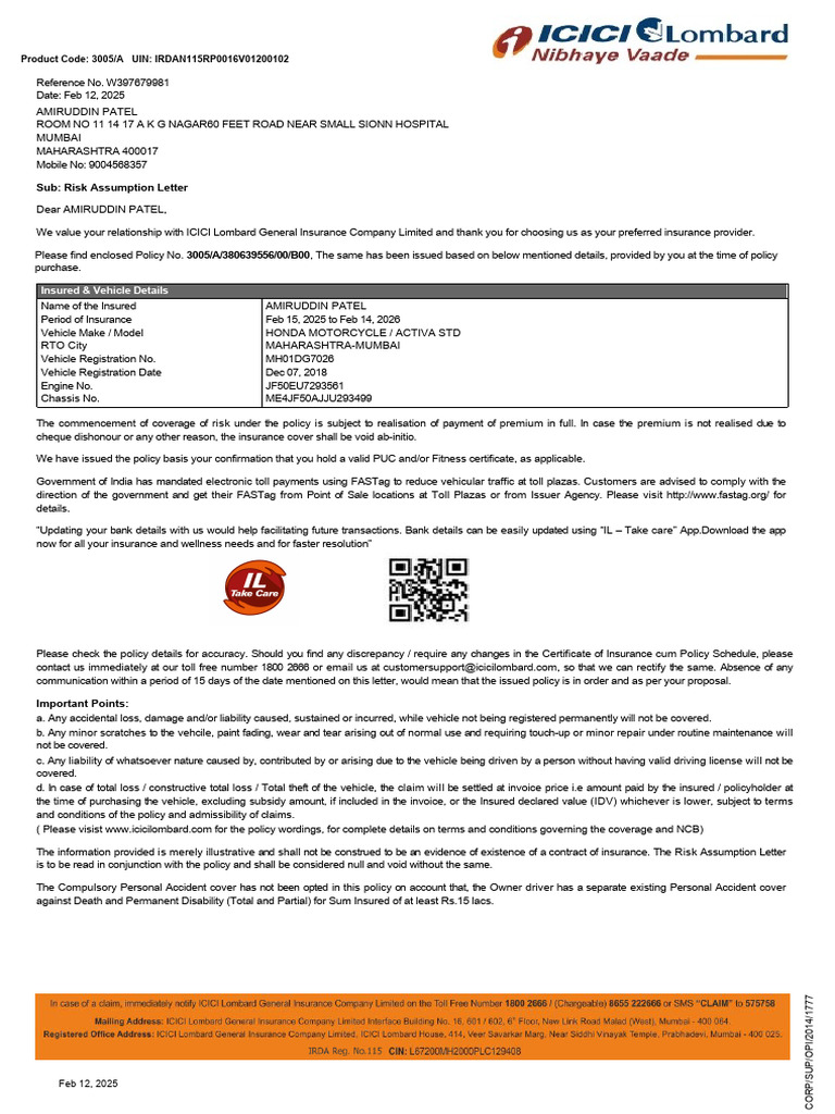 Sub: Risk Assumption Letter: Insured & Vehicle Details | PDF ...