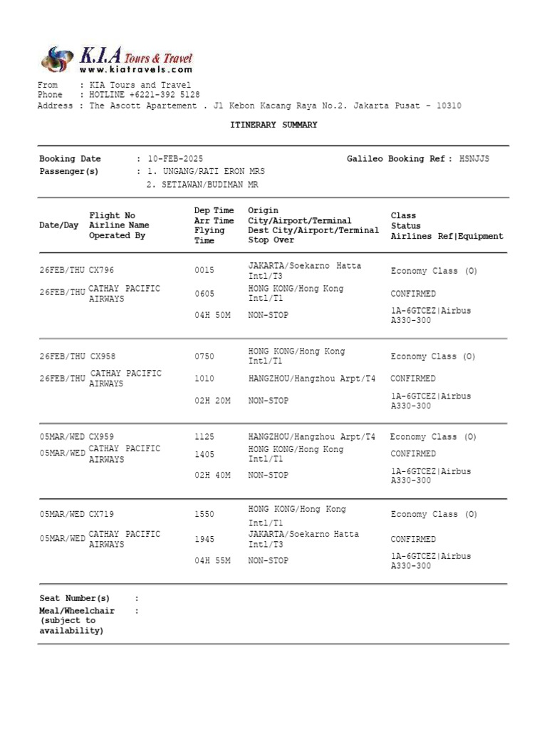 Jakarta to Hangzhou Flight Itinerary | PDF | Aviation | Transport