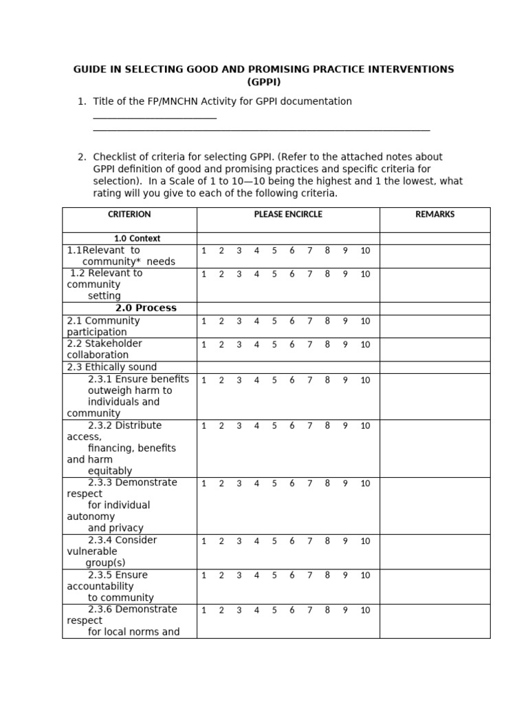 GPPI Tool in selecting good and promising interventions | PDF