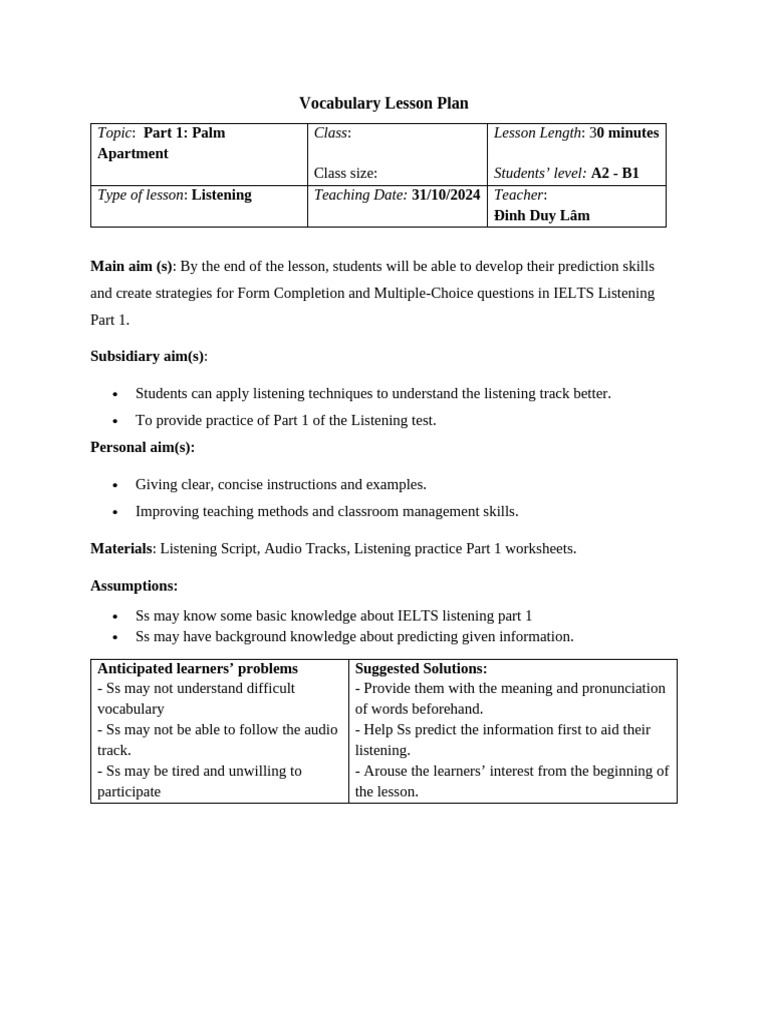 IELTS Listening Part 1 Vocabulary Plan | PDF | Lesson Plan | Vocabulary
