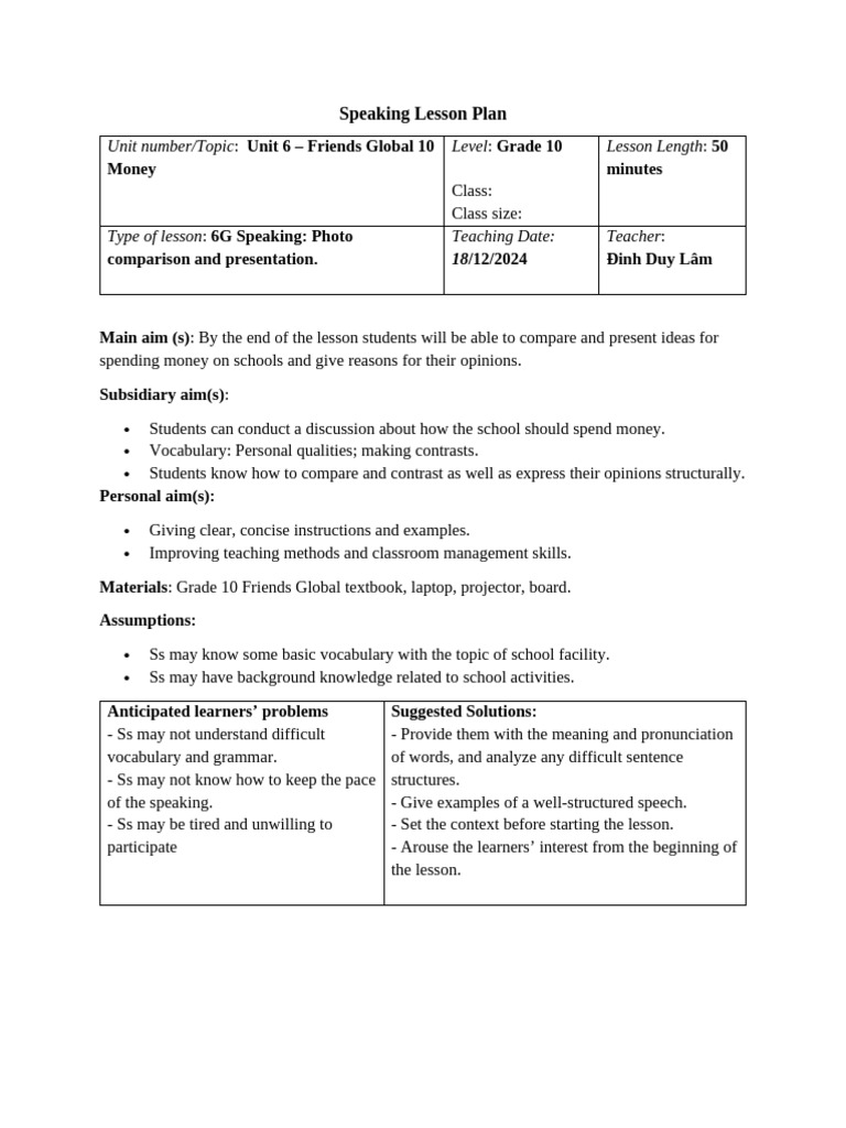 Speaking Lesson Plan 6G | PDF | Vocabulary | Lesson Plan