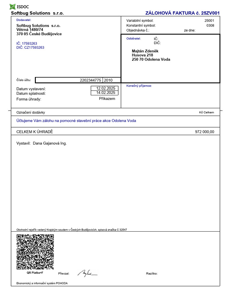 Zálohová Faktura 25ZV001 | PDF