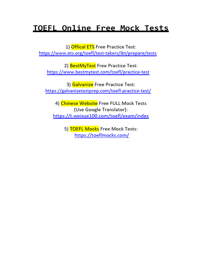 Free TOEFL Mock Tests | PDF