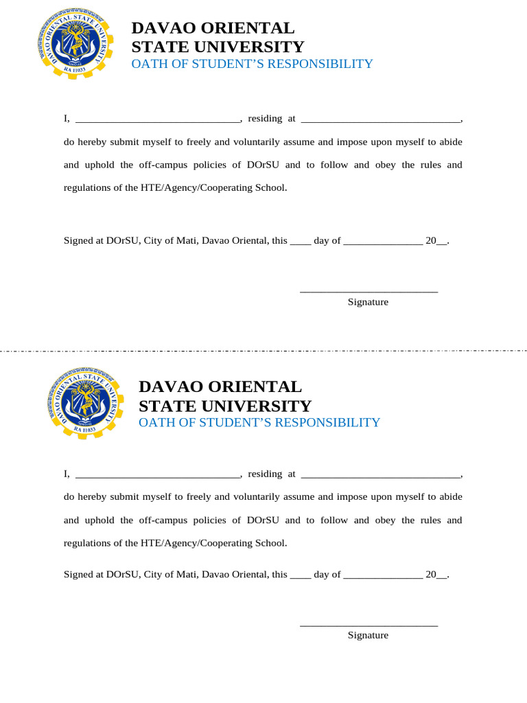 Student Responsibility Oath Form | PDF
