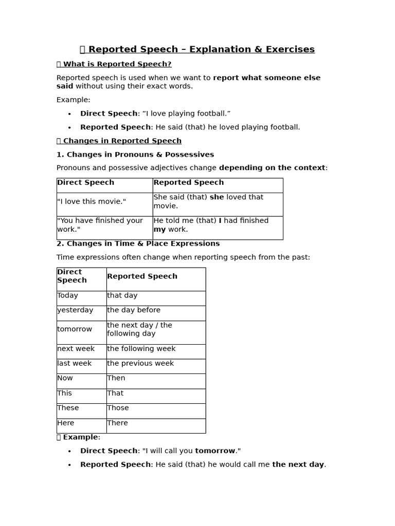 Reported Speech - Explanation & Exercises | PDF | Syntax | Grammar