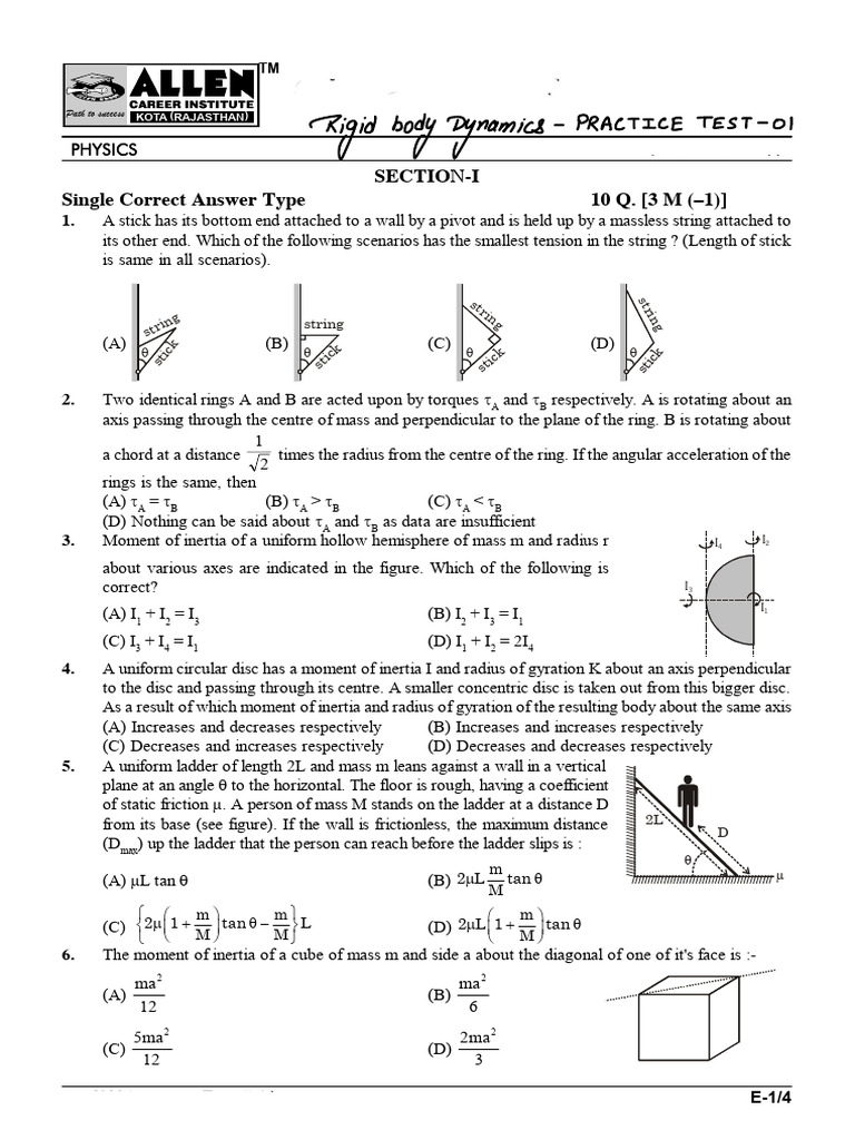 Rotational Dynamics Practice Test 01 | PDF | Rotation Around A Fixed ...