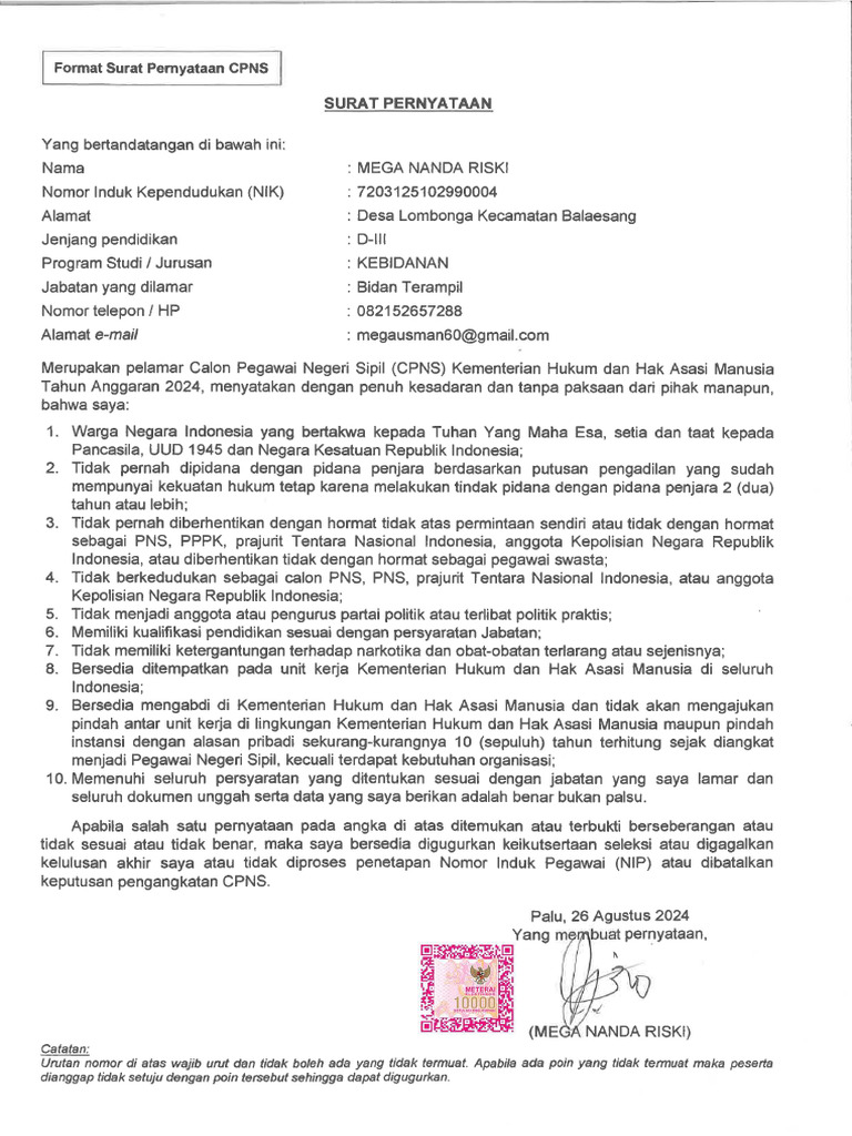 Surat Peryataan Mega Nanda Riski | PDF