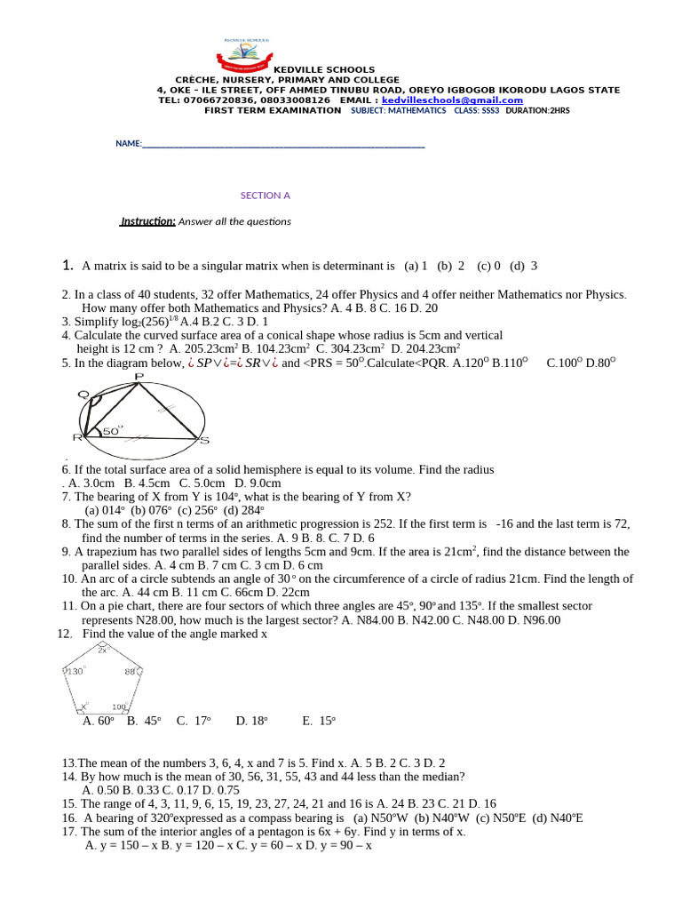 1ST TERM MATHS SSS 3 Exam | PDF | Mathematics | Geometry