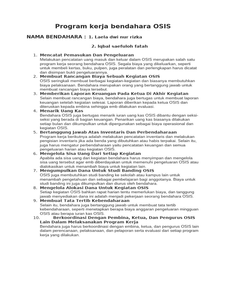 Program Kerja Bendahara OSIS | PDF