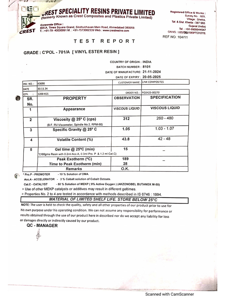 Vinlye Resin MTC | PDF