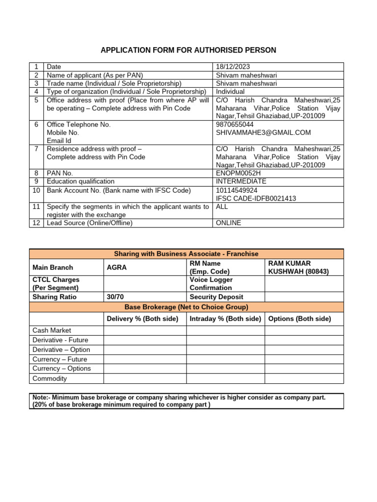 APPLICATION FORM FOR AUTHORISED PERSON (Individual) | PDF | Service ...