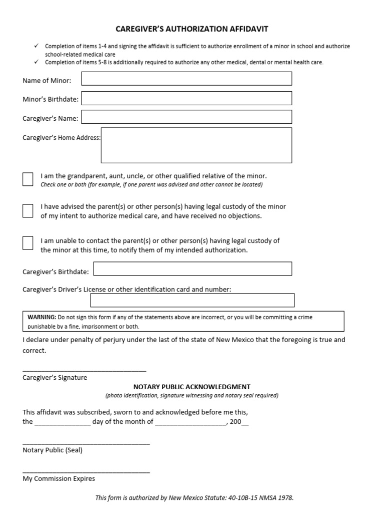 Caregiver Authorization Affidavit Form | PDF
