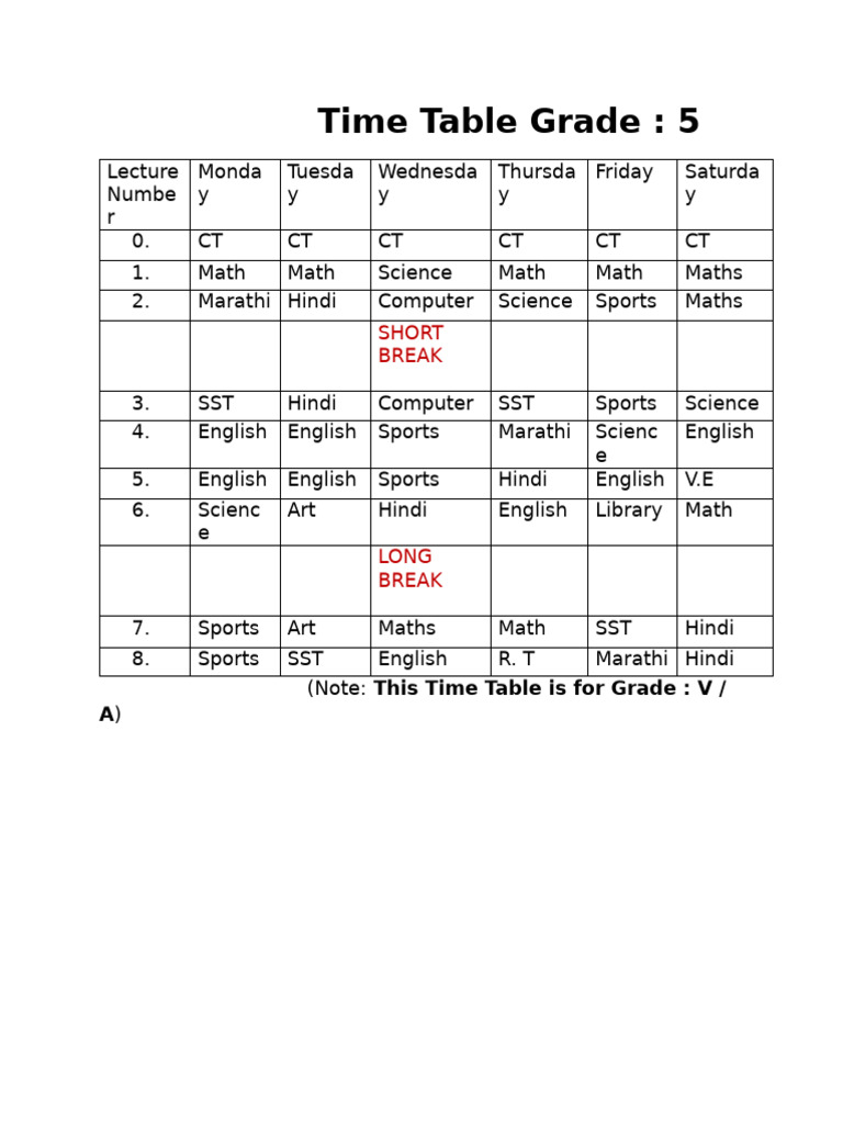 Time Table Grade: 5: Short Break | PDF