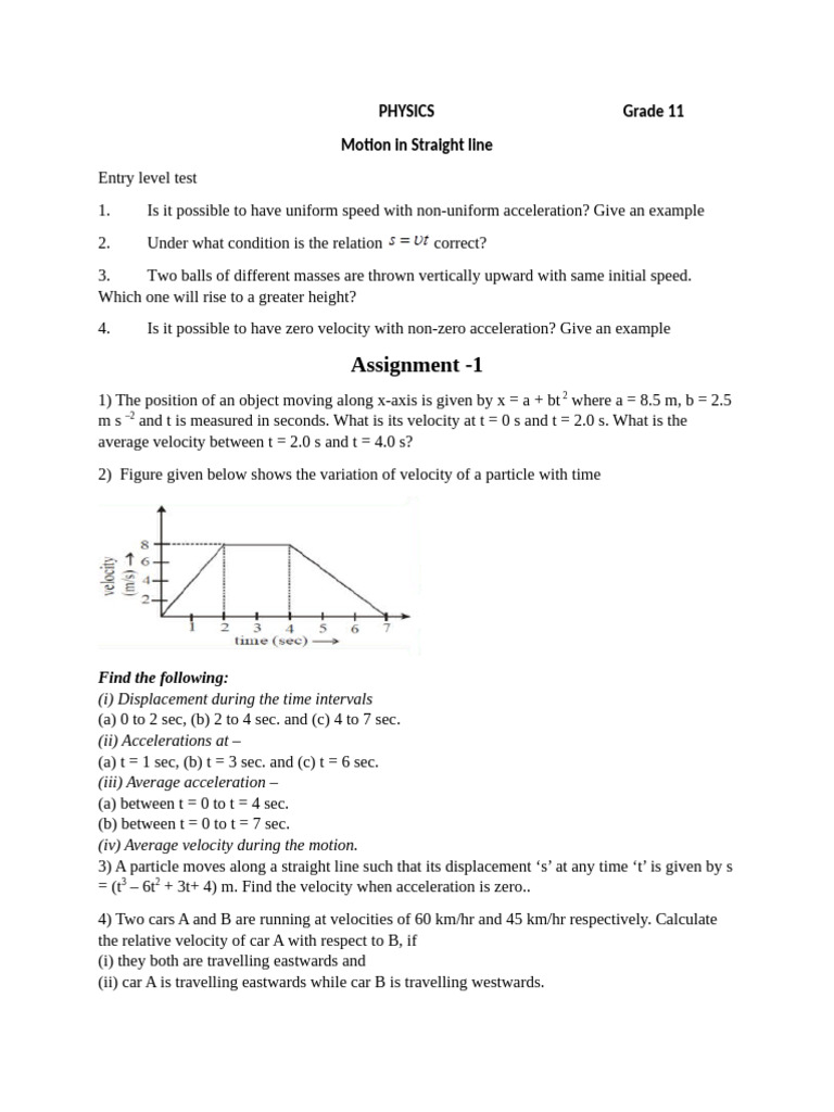 Grade 11 Physics: Kinematics Assignment | PDF | Acceleration | Velocity