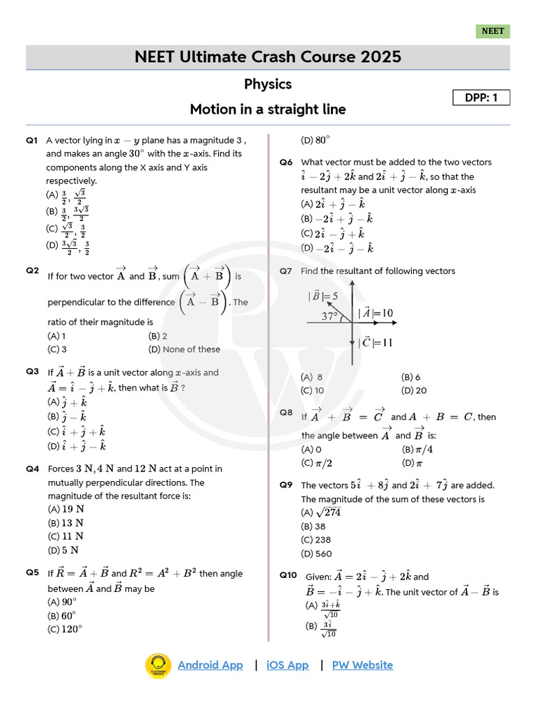Motion in A Straight Line: DPP 01 (Of Lecture 1) - NEET Ultimate Crash Course 2025 | PDF ...