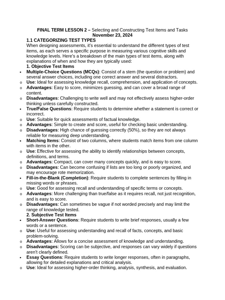 FINAL TERM LESSON 2 Selecting and Constructing Test Items and Tasks 11 ...