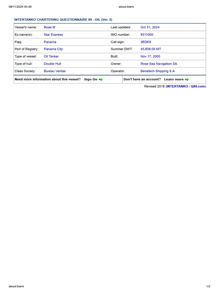 INTERTANKO Oil Tanker Q88 Form | PDF