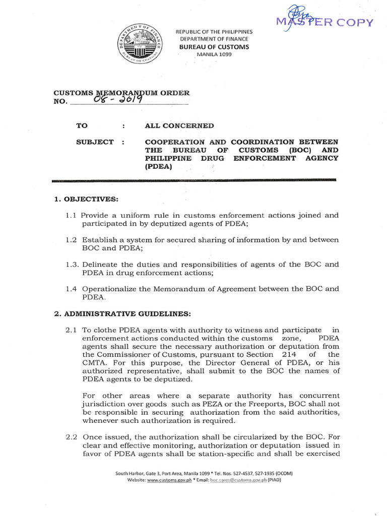 Cmo-08-2019 Cooperation and Coordination Between BOC and PDEA | PDF