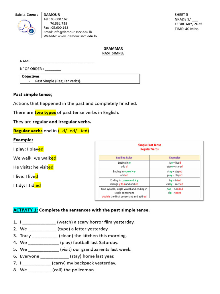 Grammar Sheet 5- Past Simple (Regular Verbs- Affirmative, Negative and ...