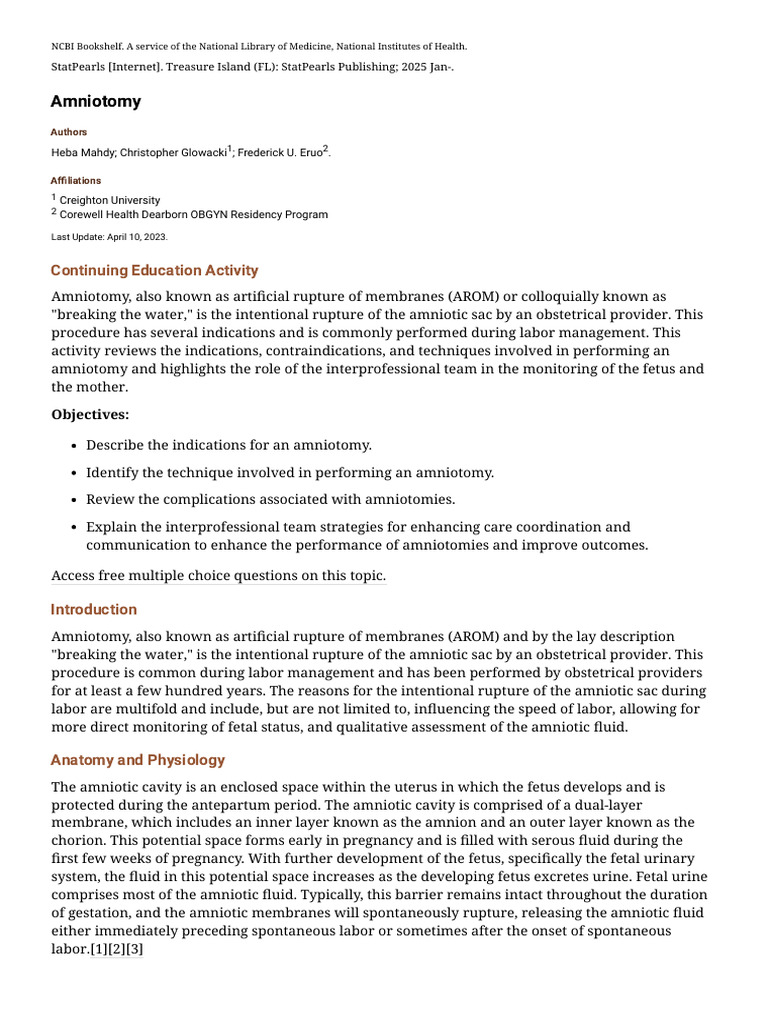 Amniotomy - StatPearls - NCBI Bookshelf | PDF | Childbirth | Mammalian ...